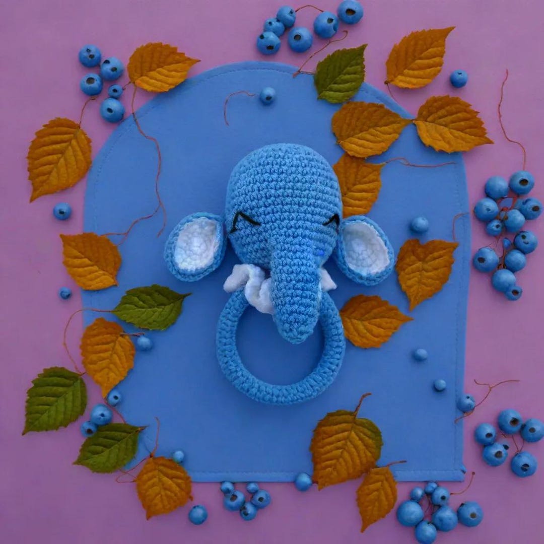 Handmade Crochet Elephant Baby Rattle Ring Blue Cotton Sensory Toy - Etsy