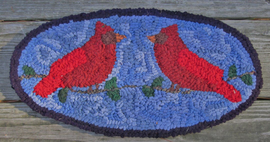 Pair of Cardinals Complete Primitive Rug Hooking Kit With #8 Cut Wool ...