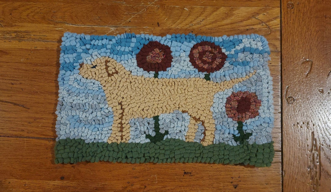 Yellow Labrador Dog With Posies Beginner Primitive Rug Hooking Kit With ...