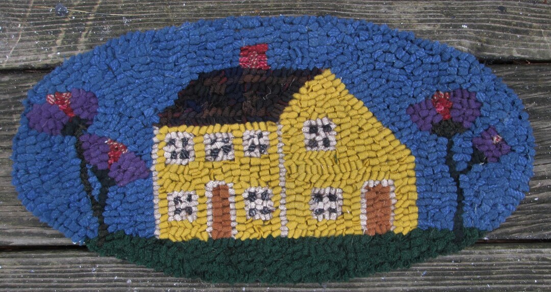 Yellow Cottage With Posies Oval Primitive Rug Hooking Kit With 8 Cut ...
