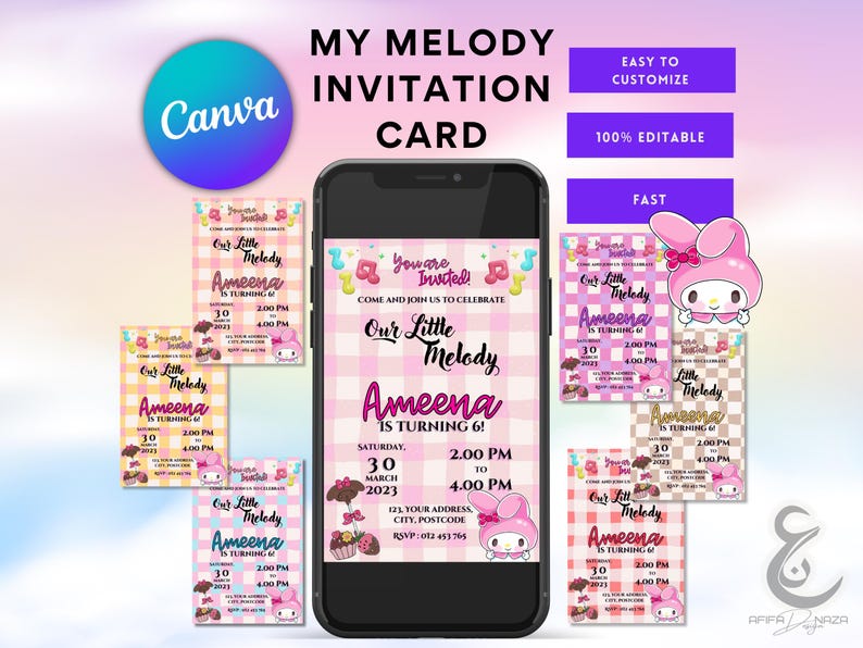 Editable My Melody Invitation Card Digital Invitation Card Sanrio ...