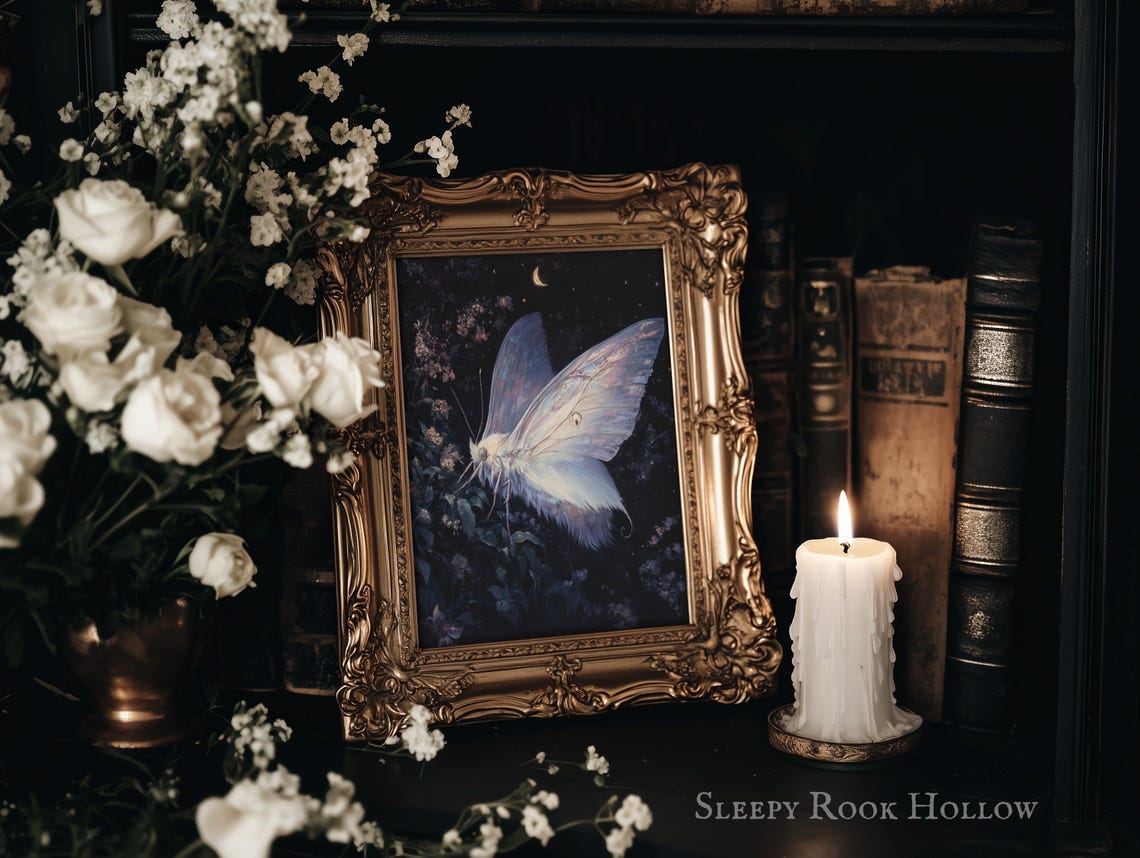Moon Moth | Mystical Whimsigoth Print, Celestial Fairycore Wall Art ...