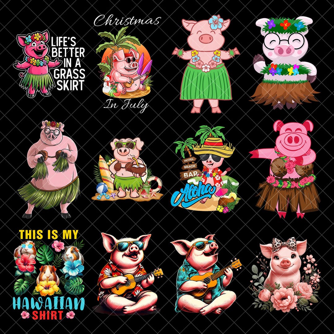 Hawaiian Pig Png Bundle, Cute Summer Pigs Png, Pig in Grass Skirts Png ...