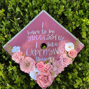 Pink Glitter Grad Graduation Cap Topper Floral Bling Custom Quote - Etsy