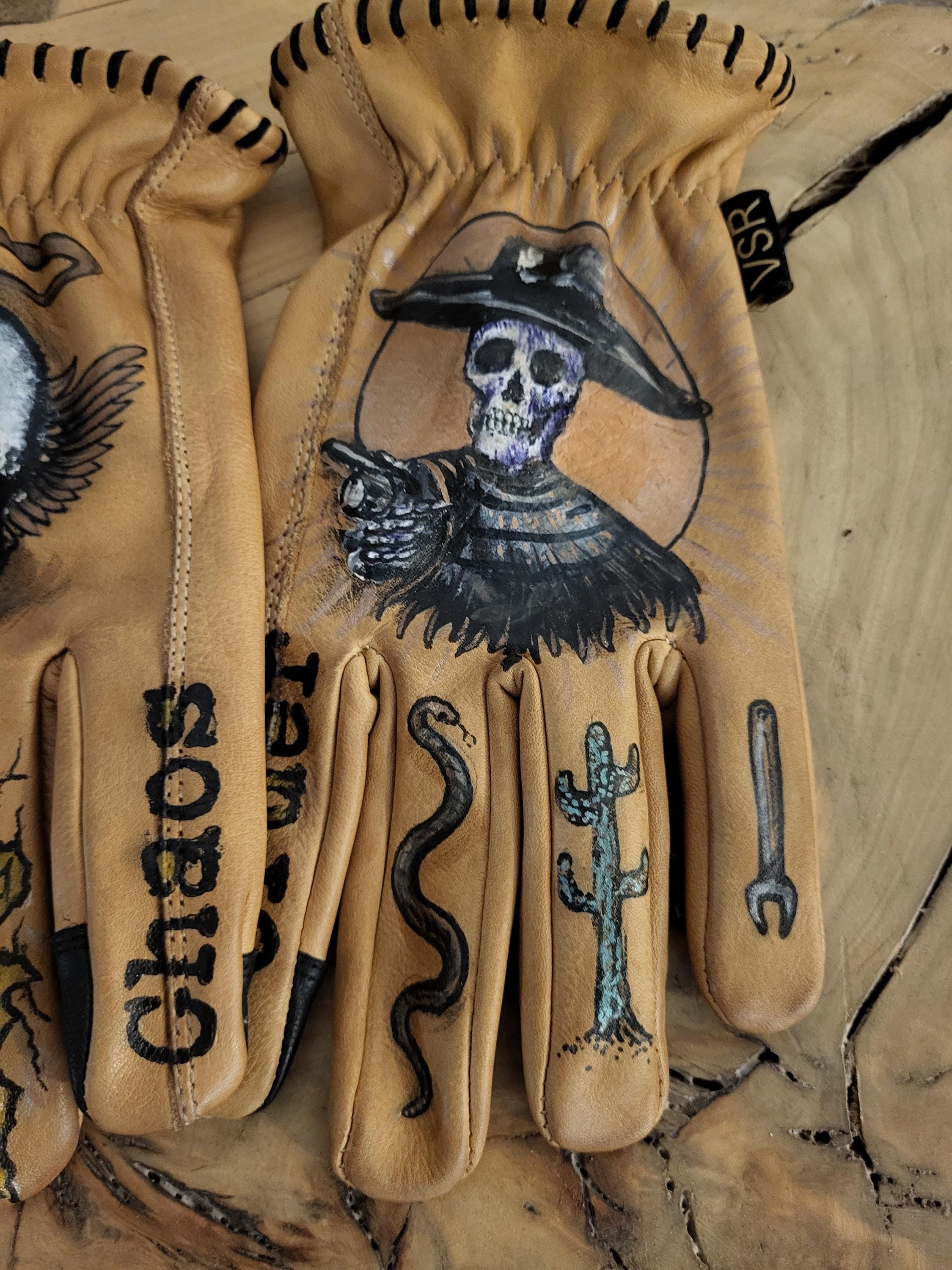 Custom Motorcycle Tattood Gloves With Illustrations of Western, Cowboys ...