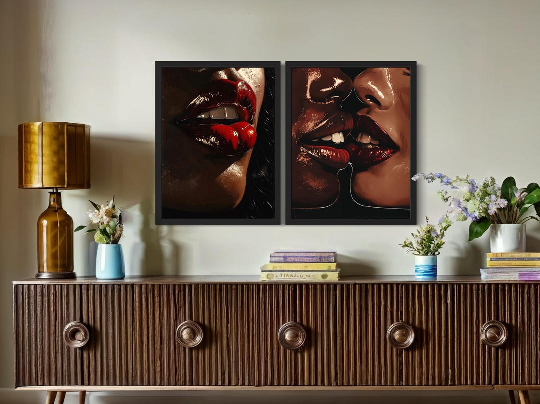 Black Couple Kissing Wall Art, Black Love Art Prints, Black Owned Art Set, African American Art ...