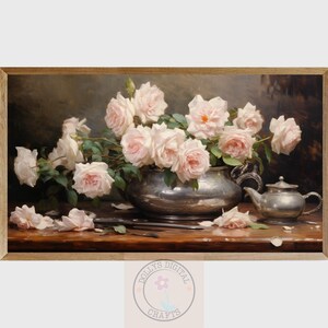 Elegant Rose Still Life TV Art - Silver Vase Floral Scene Digital ...