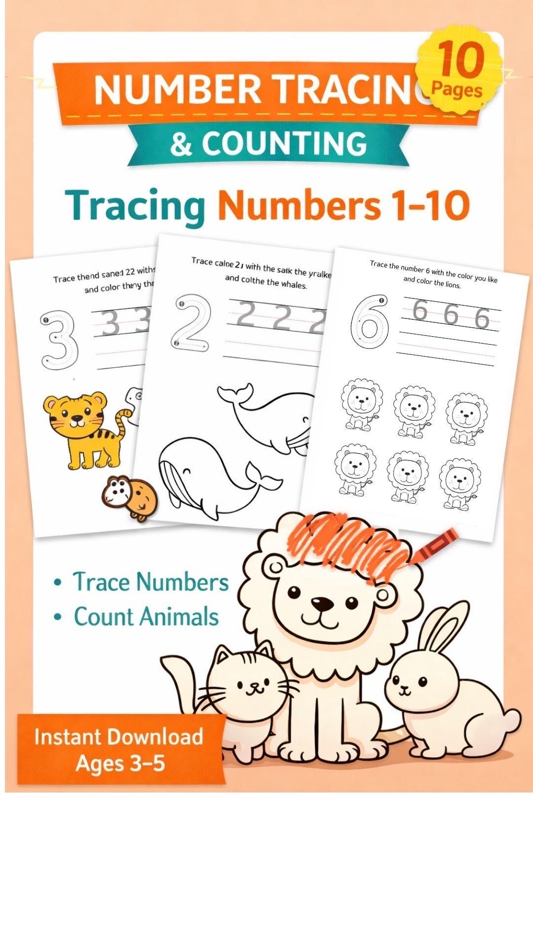Animal Number Tracing 1-10 Worksheets – Preschool Math (PDF Pattern) - Etsy