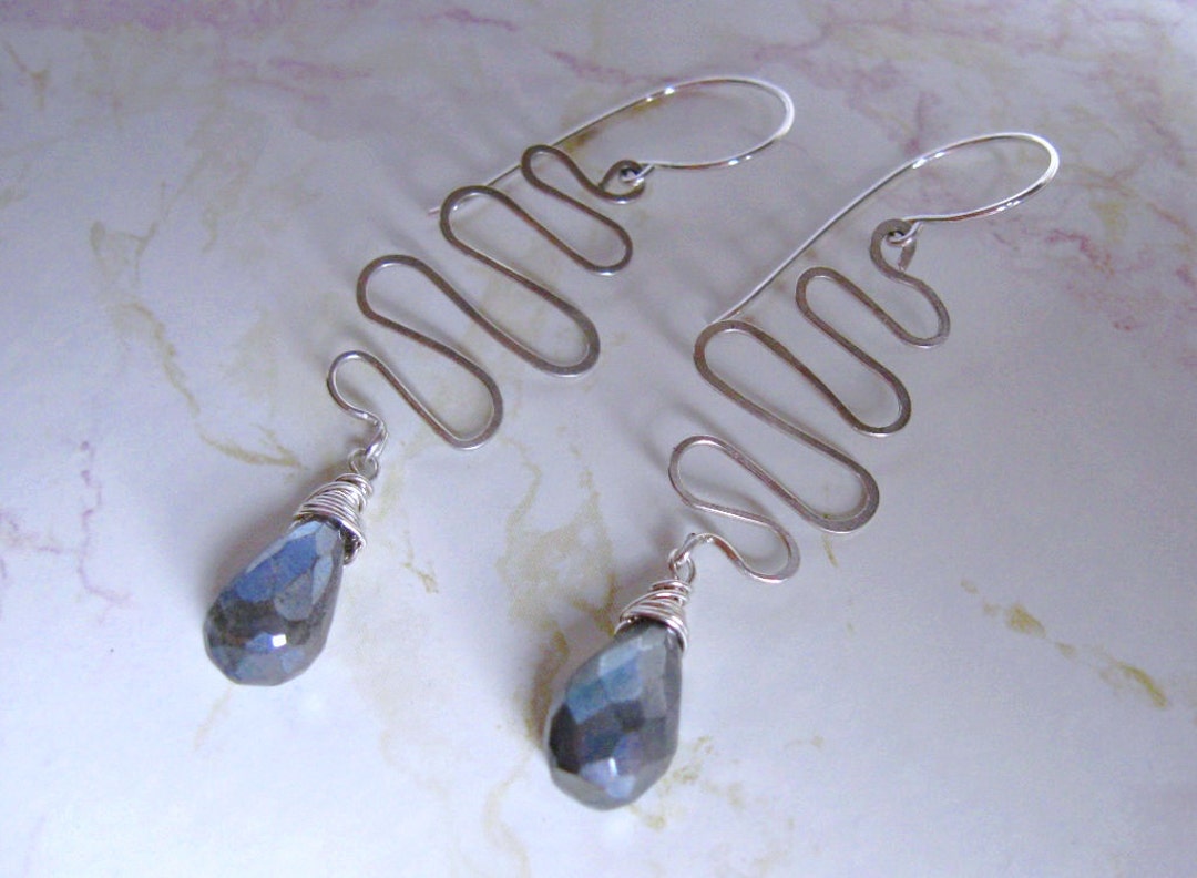 Mystic Labradorite Earrings- Snake Design, Hammered Wire, Sterling ...