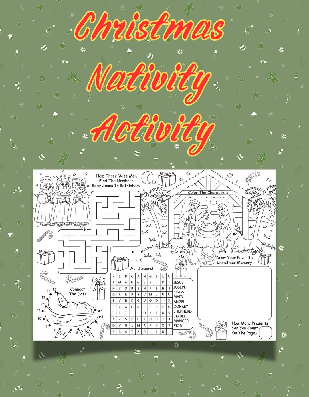Christmas Nativity Placemat, Fun Activity With Maze, Colouring & Word ...
