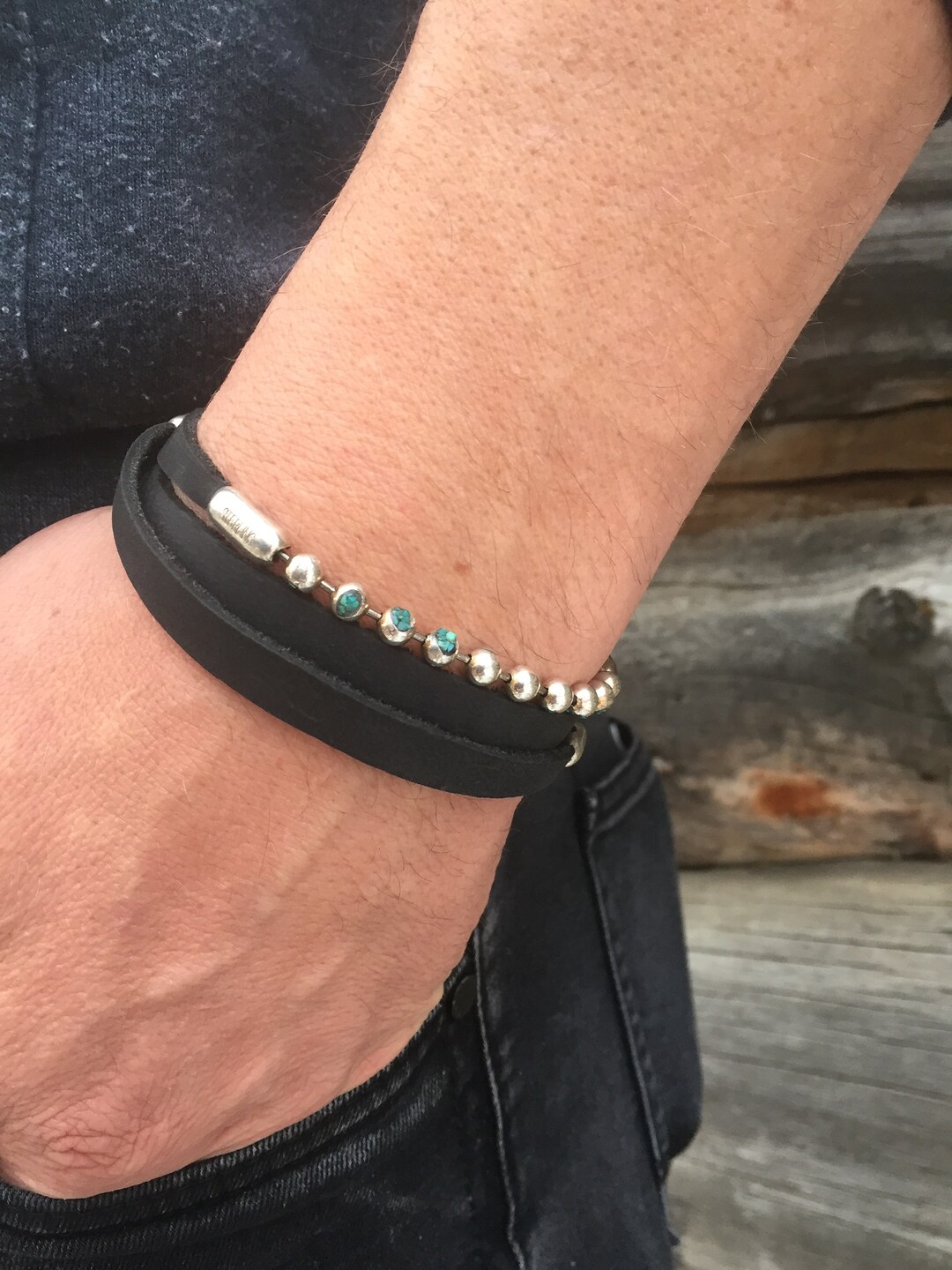 Black Leather 5mm Sterling Silver Ball Chain Inlaid W Crushed Turquoise ...