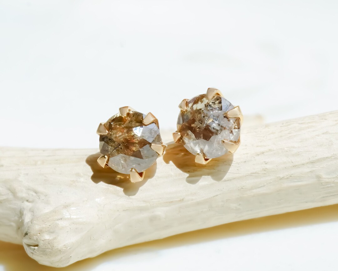 K18 Gold Light Brown Diamond Earrings, Rose Cut Diamond Jewelry, Simple Tiny Studs, Rustic ...