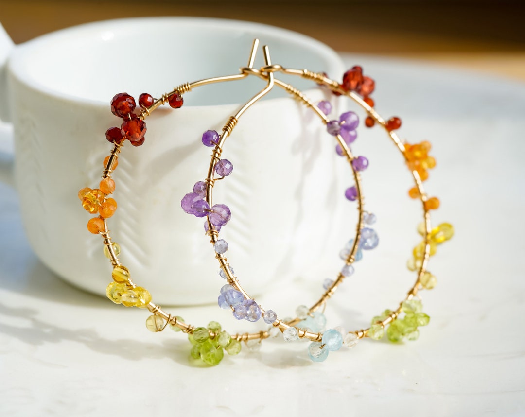 Seven Rainbow Colors Gemstones Hoop, 7 Chakra Yoga Jewelry, Birthstone ...