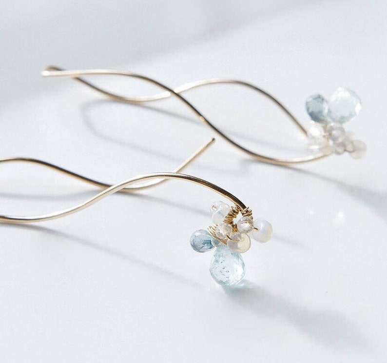 Aquamarine Delicate Wavy Earrings Light Blue Earrings March - Etsy