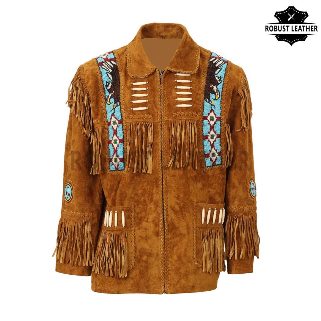 Mens Native American Cowboy Buckskin Leather Jacket With Fringes ...