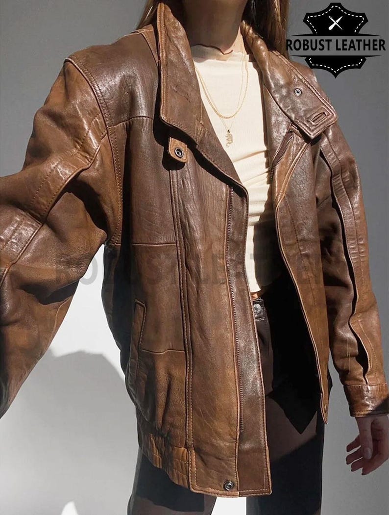 Vintage Oversize Cowhide Brown Leather Jacket for Women, Genuine Soft ...