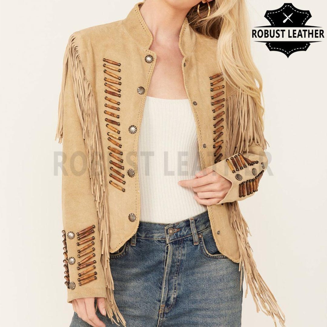 Native American Cowgirl Leather Jacket Coat With Fringes, Vintage Women ...