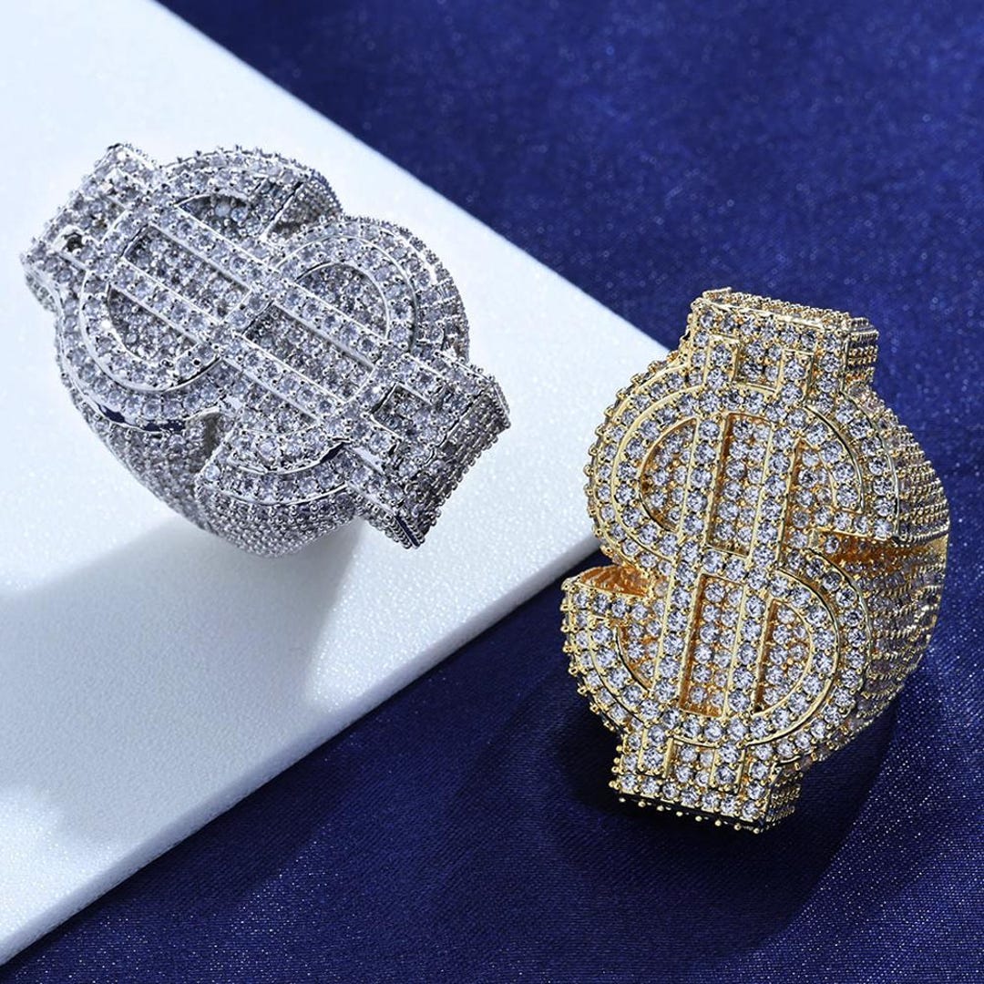 Handmade Gold Plated CZ Diamond Inlay Dollar Sign Ring, Money Dollar ...