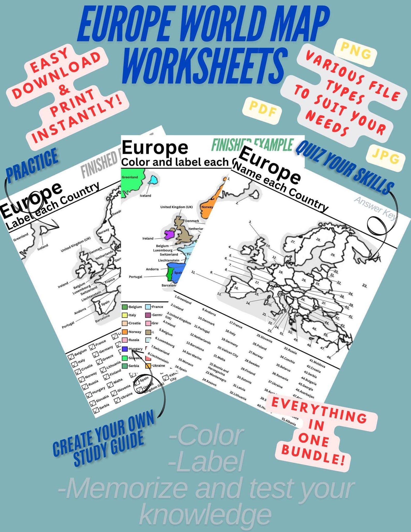 Printable Europe Countries Map Worksheet Bundle, Everything to Learn ...