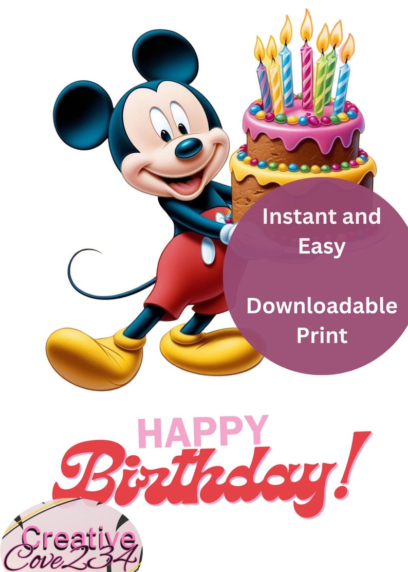 Mickey Mouse Birthday Card Digital Print Happy Birthday Kids Printable ...