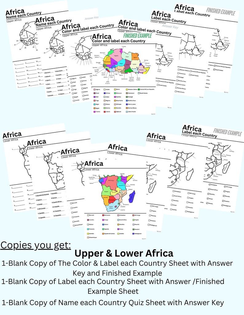 Printable Africa Countries Map Worksheet Bundle - Learn, Color, Label ...