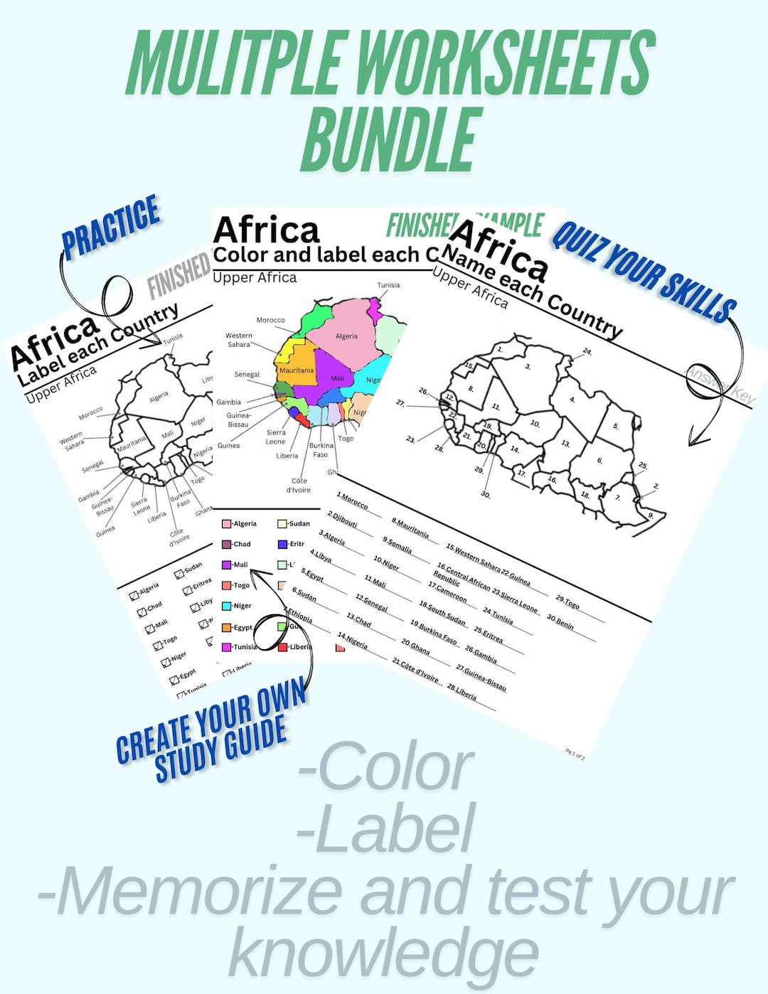 Printable Africa Countries Map Worksheet Bundle - Learn, Color, Label ...