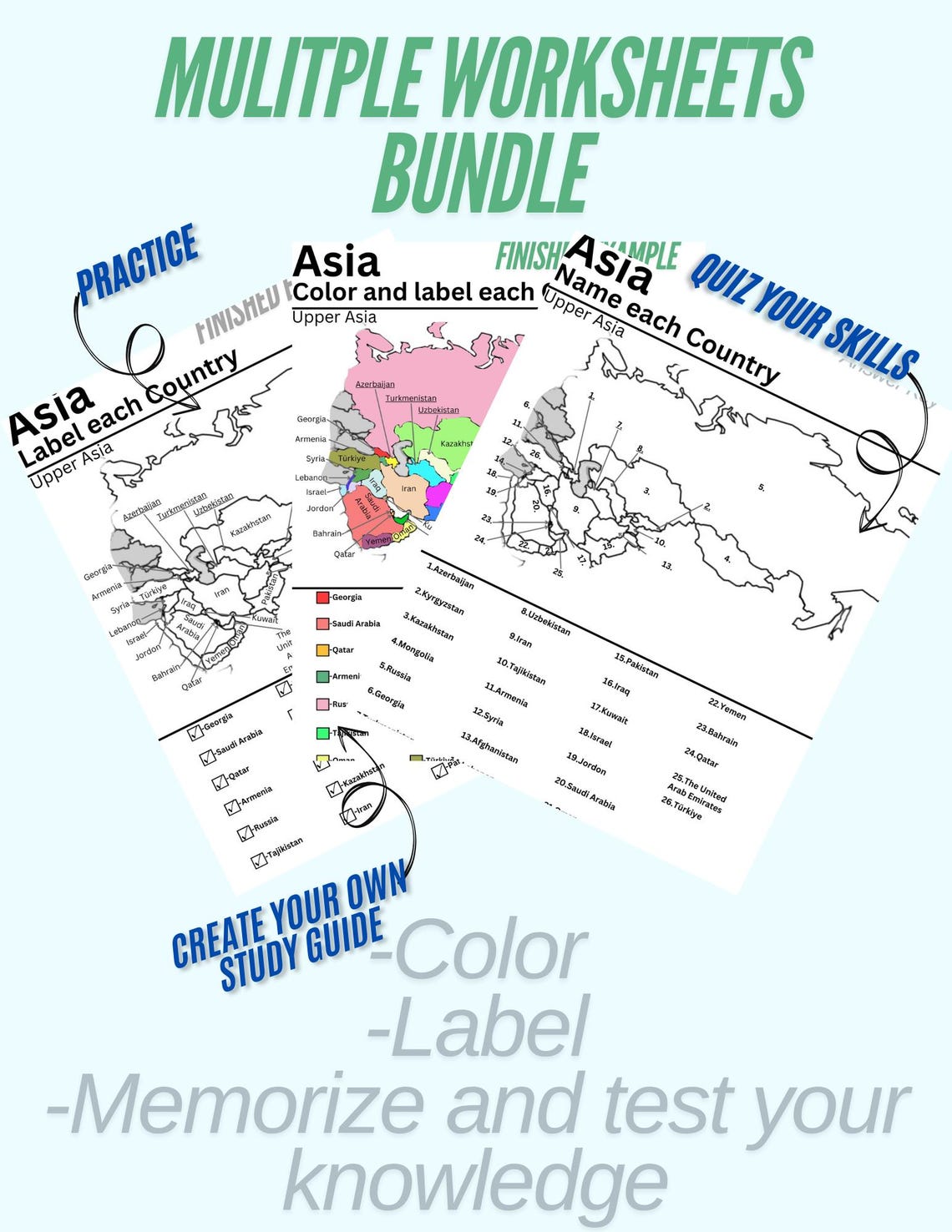 Printable Asia Countries Map Worksheet Bundle, Everything to Learn ...