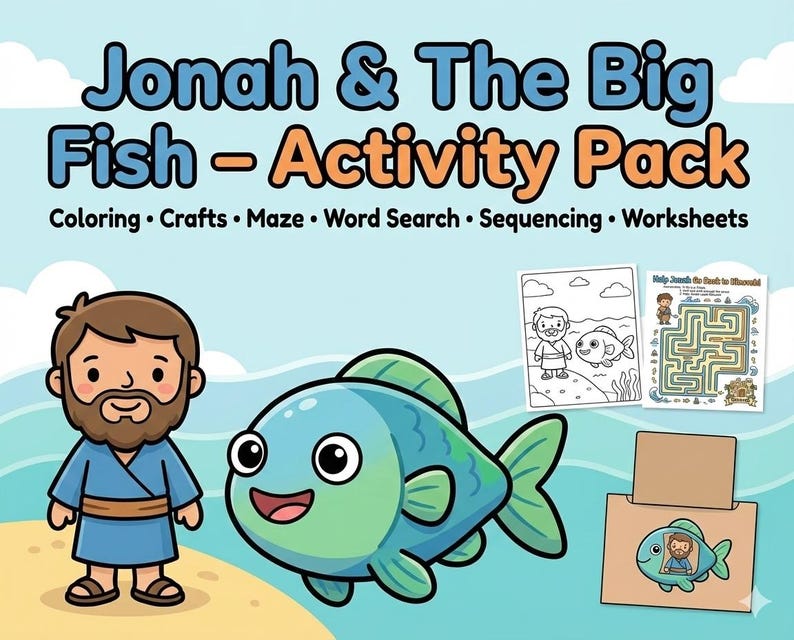 Jonah & the Big Fish Bible Activities|coloring Pages, Crafts, Maze ...