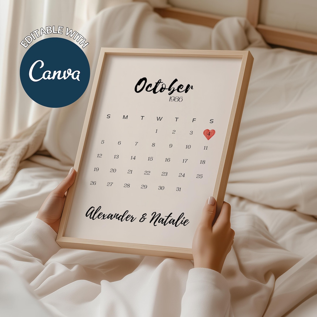 Editable Calendar Print, Custom Date Poster, Anniversary Gift, Couple ...