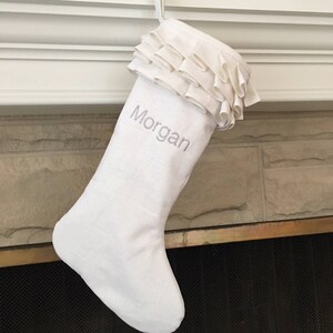 White Linen Personalized Christmas Stocking Embroidered Ruffle Monogram ...