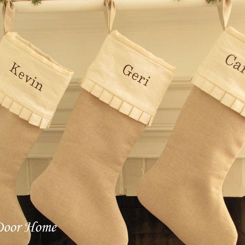 Personalized Linen Christmas Stocking Embroidered White Ruffle - Etsy