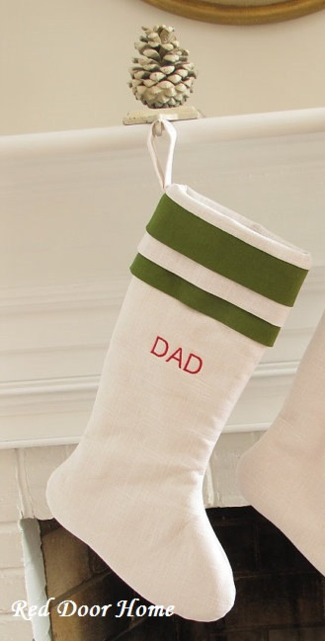Personalized Linen Christmas Stocking Embroidered White Green Cuff ...