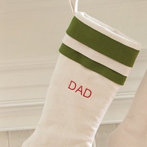 Personalized Linen Christmas Stocking Embroidered White Green Cuff ...