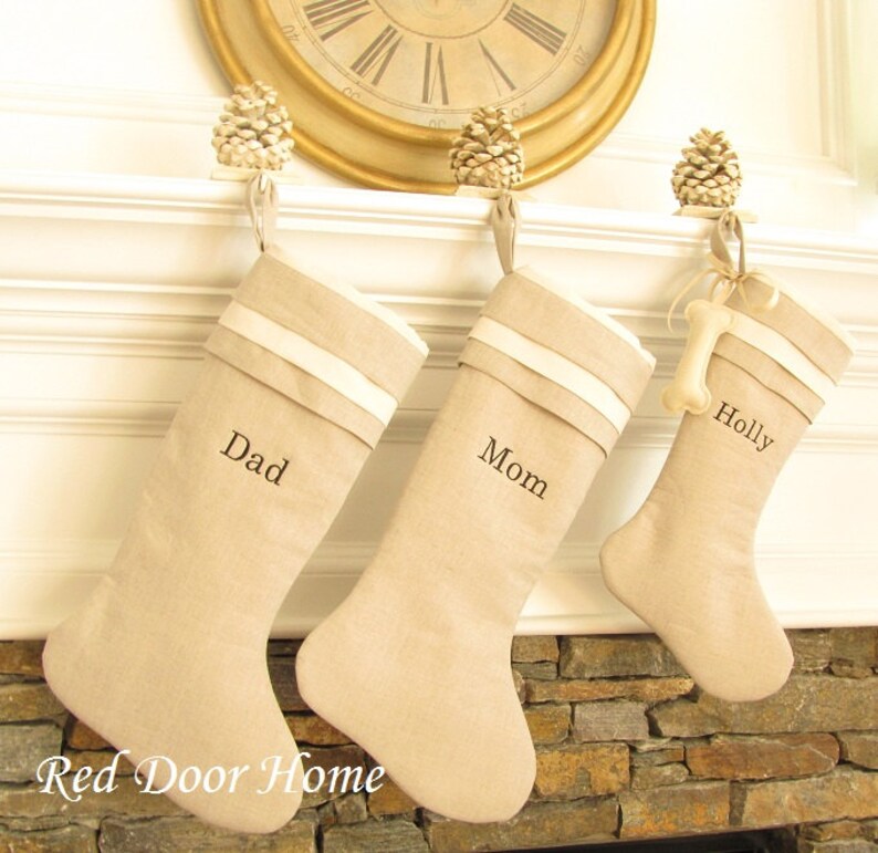 Personalized Linen Christmas Stocking Embroidered Cuff Top - Etsy