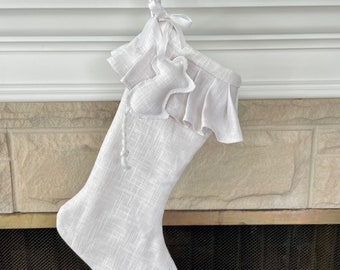 Personalized Linen Christmas Stocking Embroidered White Ruffle - Etsy