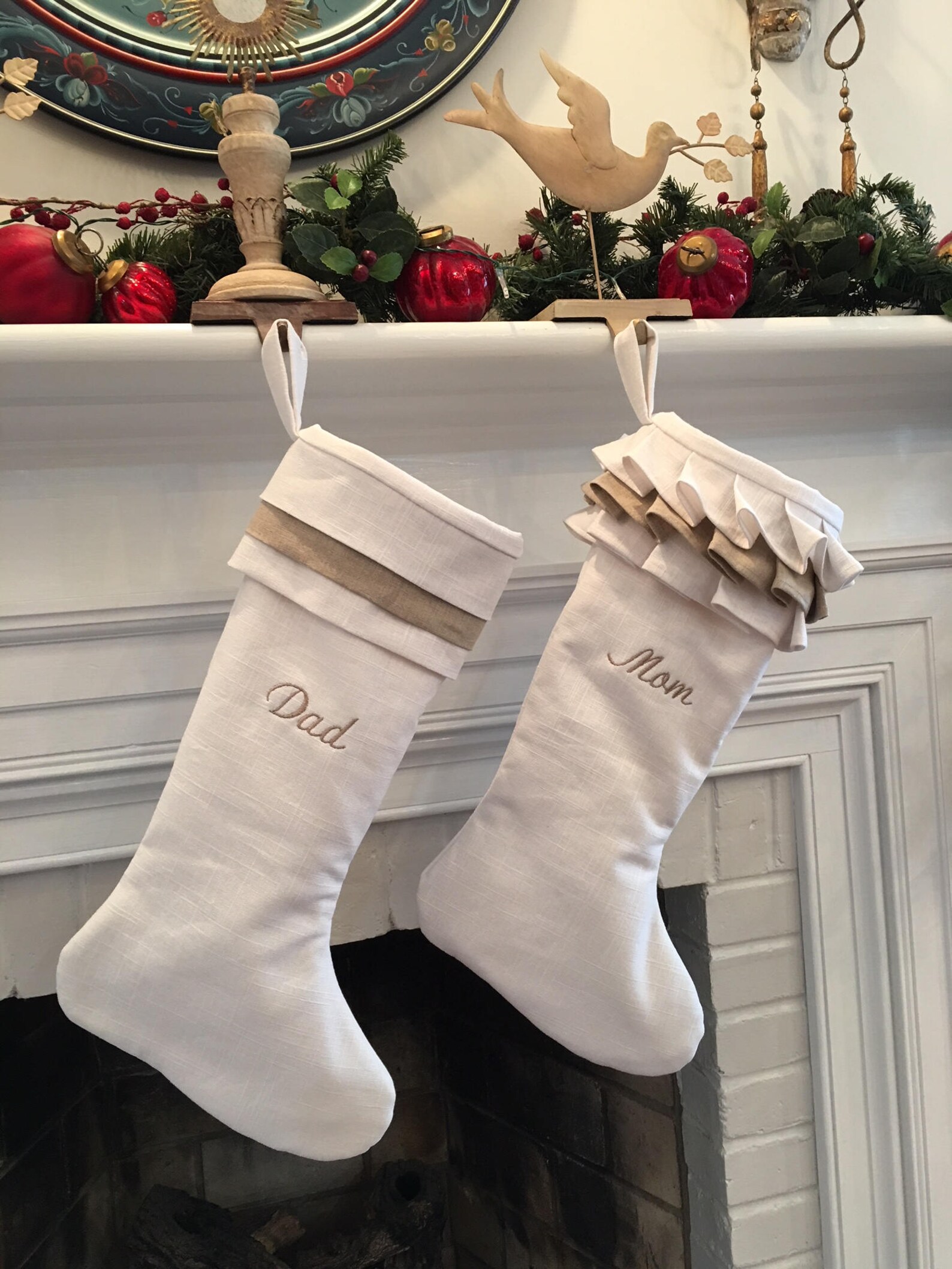 White Linen Personalized Christmas Stockings Pair Tan Beige - Etsy