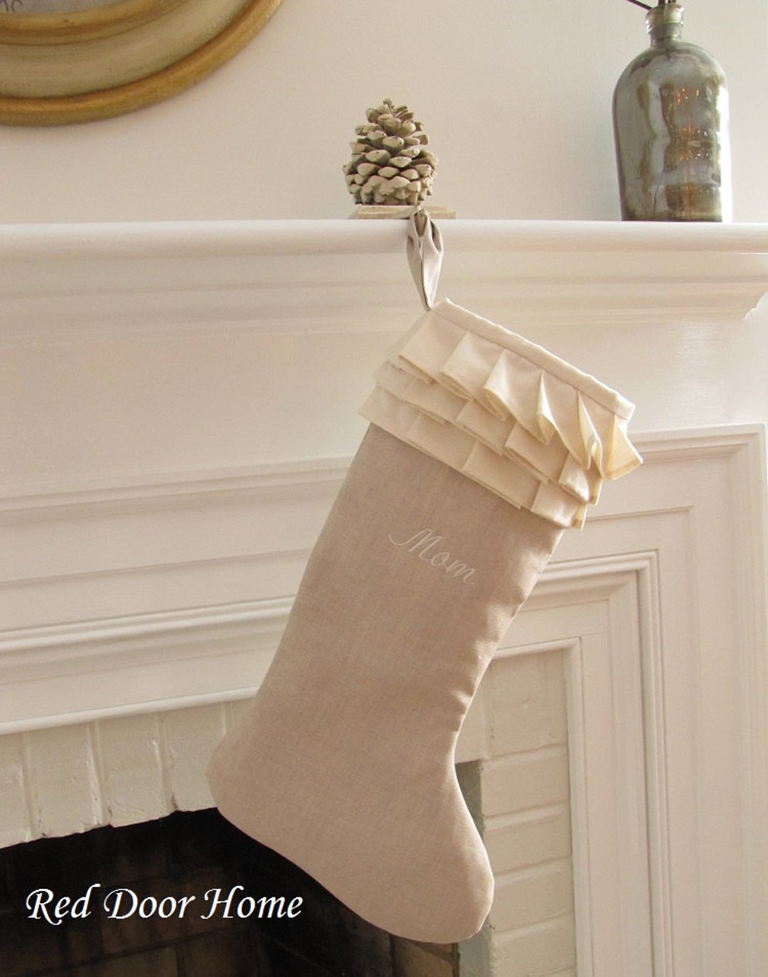 Personalized Linen Christmas Stocking Ivory Ruffle White Monogram - Etsy
