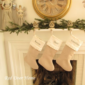 Personalized Linen Christmas Stocking Embroidered Name Monogram Cuff ...