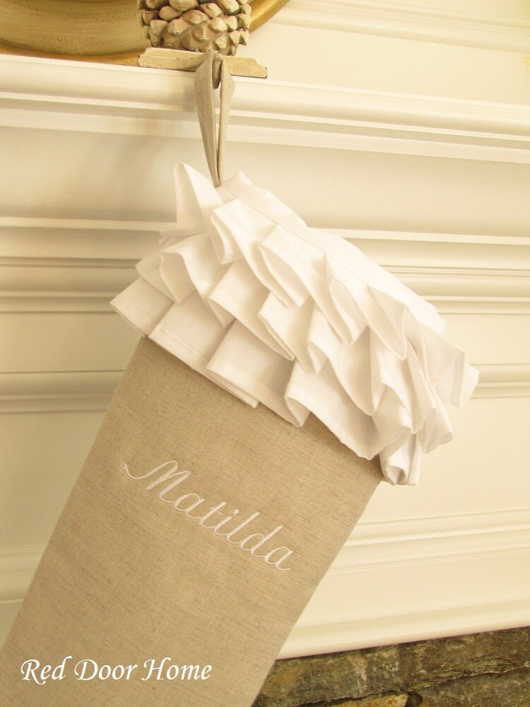 Personalized Linen Christmas Stocking Embroidered White Ruffle - Etsy
