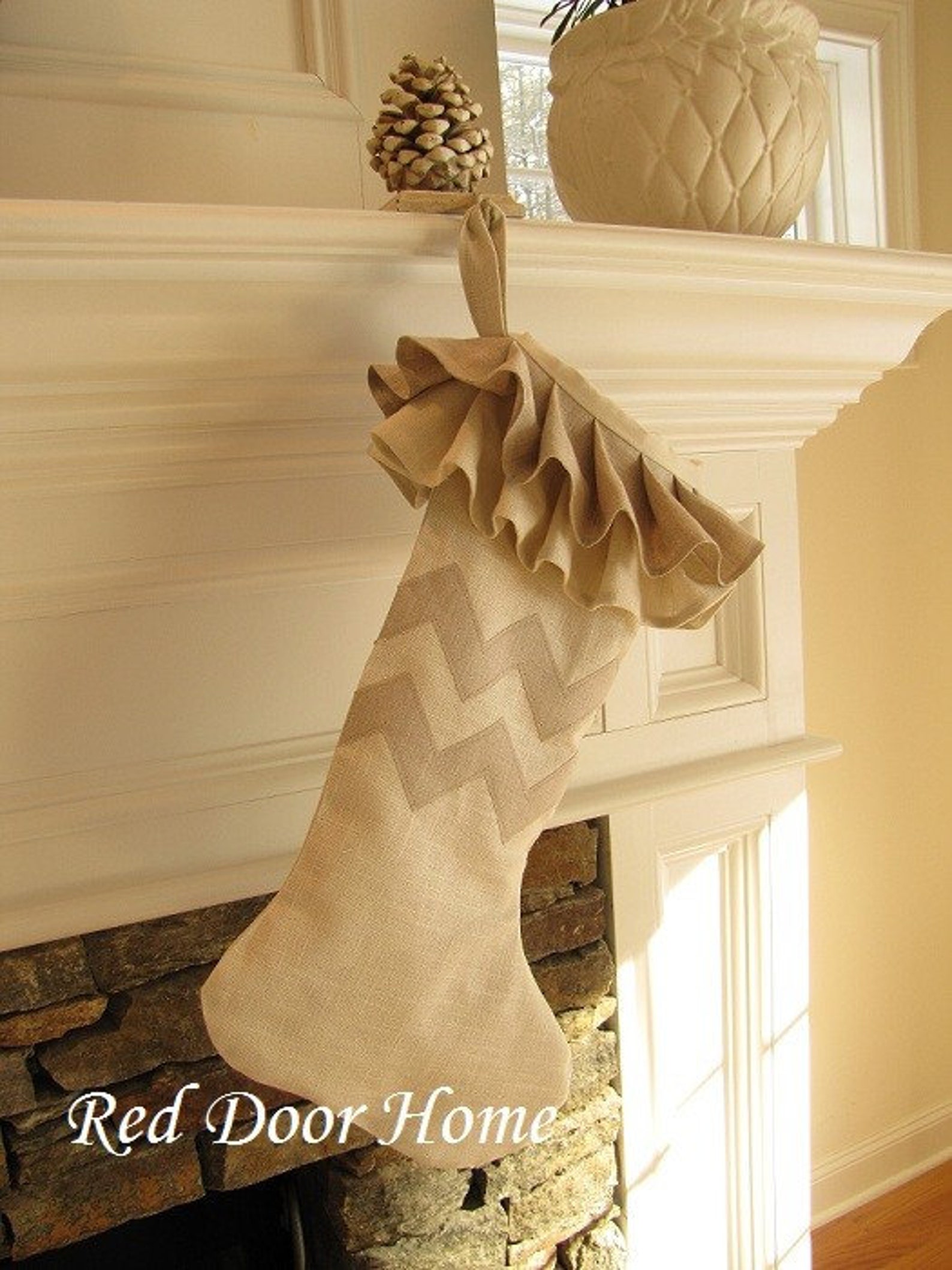 SALE Linen Christmas Stocking Chevron Zig Zag Natural Ruffle - Etsy