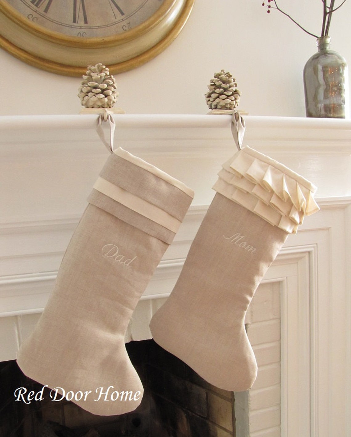 Personalized Linen Christmas Stocking Ivory Ruffle White | Etsy