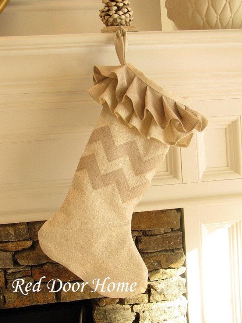 SALE Linen Christmas Stocking Chevron Zig Zag Natural Ruffle - Etsy