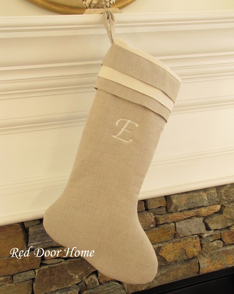 Personalized Linen Christmas Stocking Embroidered Cuff Top - Etsy