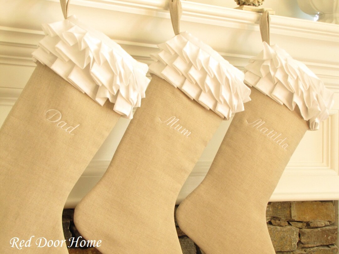 Personalized Linen Christmas Stocking Embroidered White Ruffle - Etsy