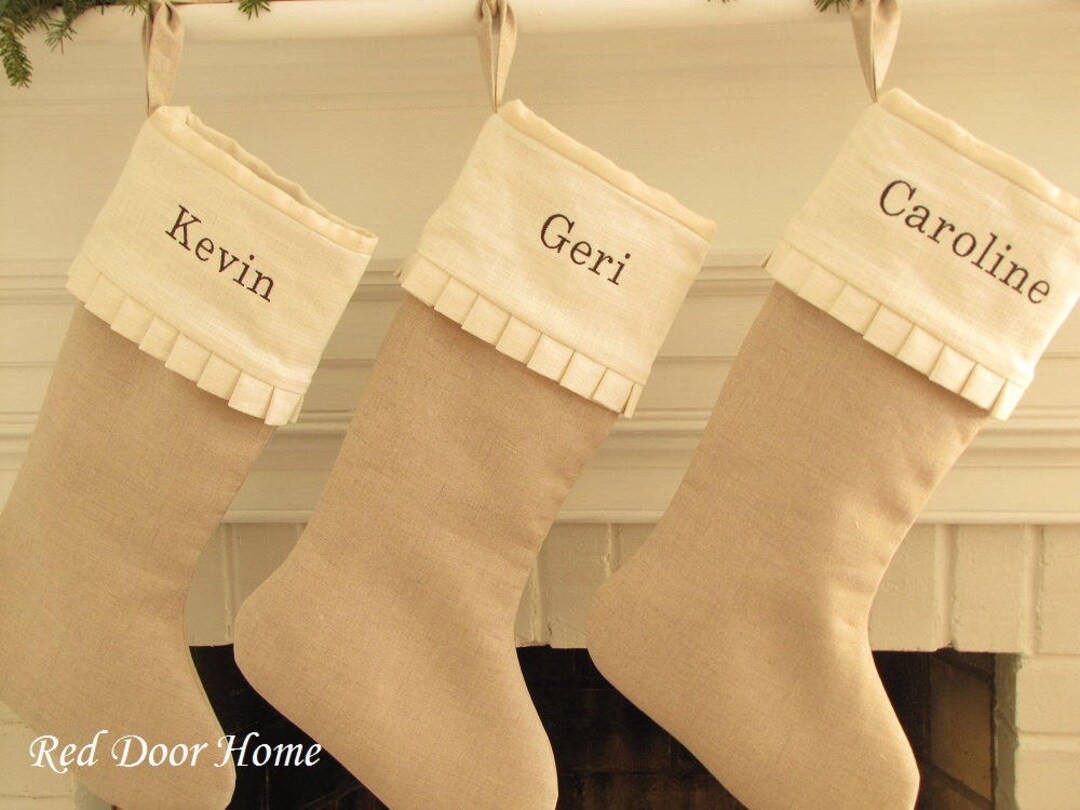 Personalized Linen Christmas Stocking Embroidered Name Monogram Cuff ...