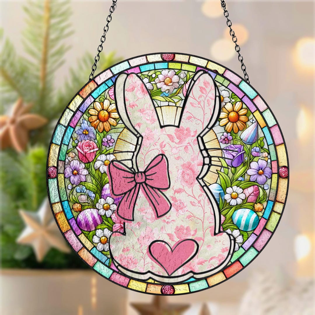 Pink Floral Chinoiserie Bunny Suncatcher, Happy Easter Suncatcher ...