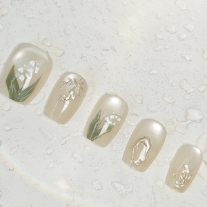 Lily of the Valley Whisper — Elegant Press on Nails With Pearl White ...