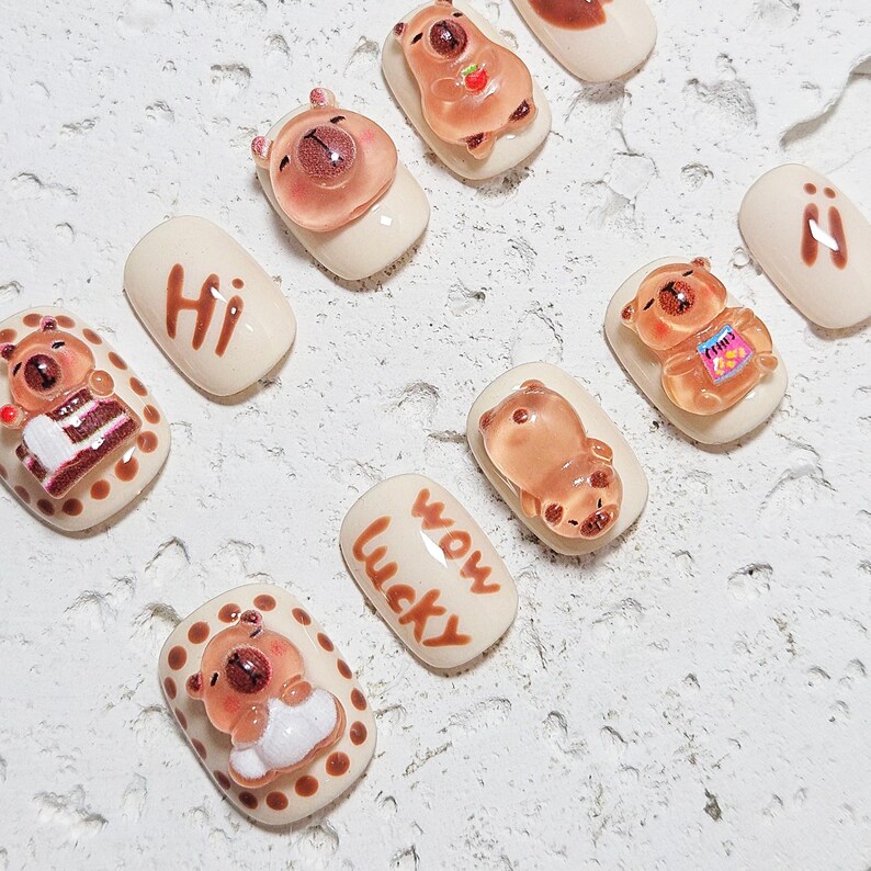 Capybara Handmade Cute Cartoon Press-on Nails – Short, Detachable 3D ...
