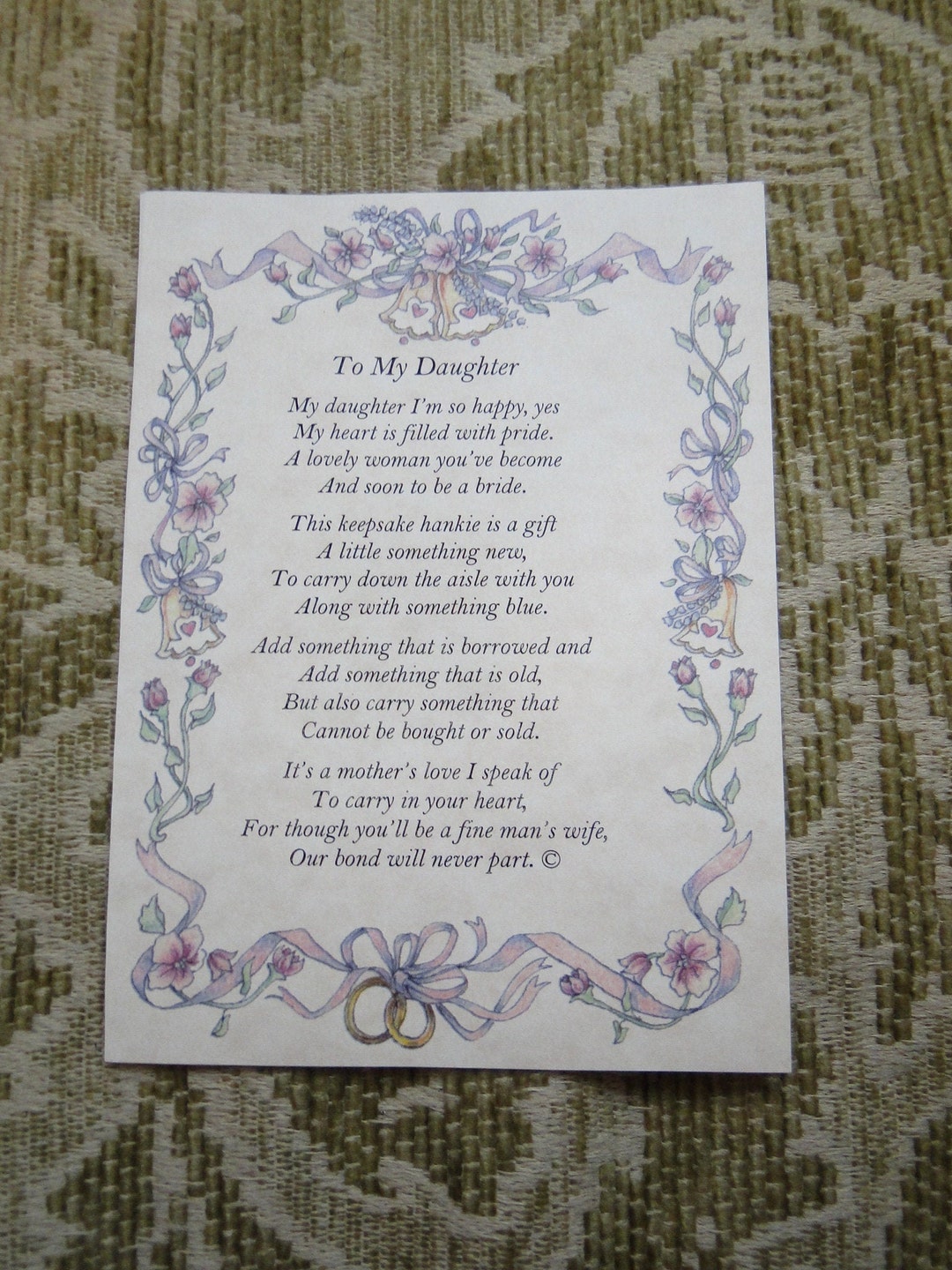 DAUGHTER Brides Hankie Embroidered With Poem From Parents Wedding ...