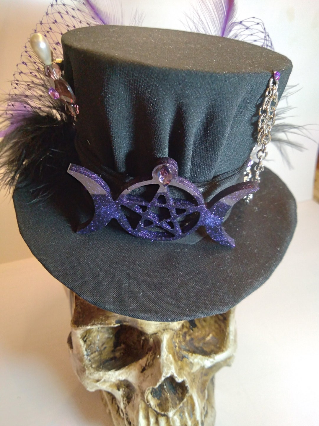 Wiccan Mad Hatter Mini Tophat Black With Purple Accents Triple Moon ...